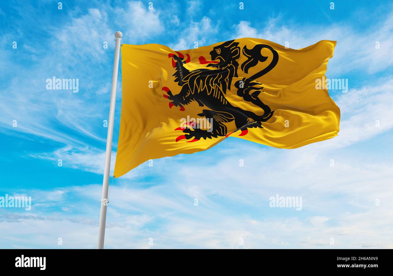 flag of Nord Pas de Calais, France at cloudy sky background on sunset ...