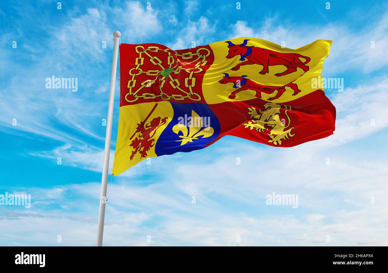 flag of Pyrenees atlantiques, France at cloudy sky background on sunset ...