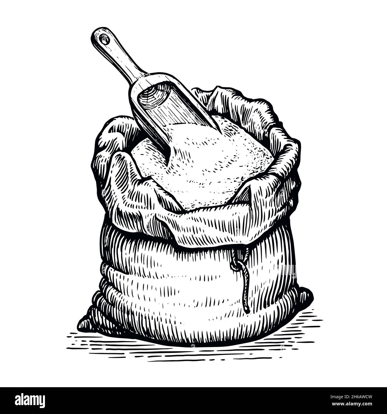 Sack with flour and wooden scoop. Hand drawn sketch vintage Stock ...