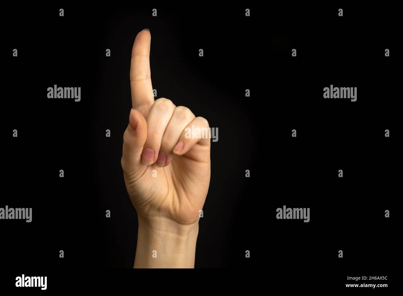 Hand point up. Woman hand gesture, pointing sign, gesture look at this ...