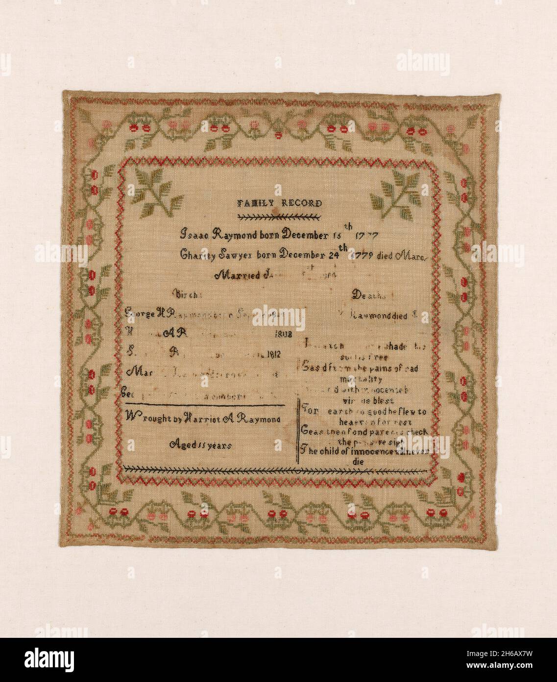 Sampler, United States, c. 1819. 'Family Record'. The maker was aged 15 ...