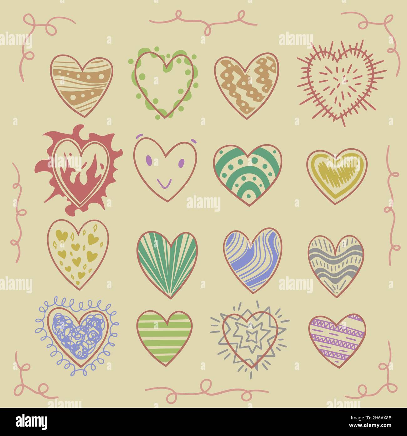 Sixteen hand drawn old fashioned colorful hearts. Perfect for posters ...