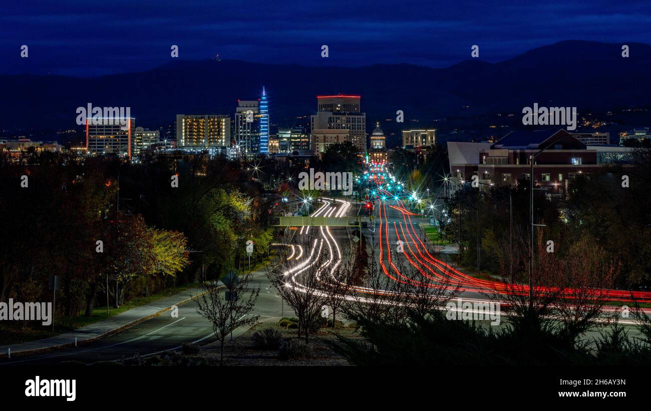Capital Boulevard streaking car lights night with Boise Skyline Stock ...