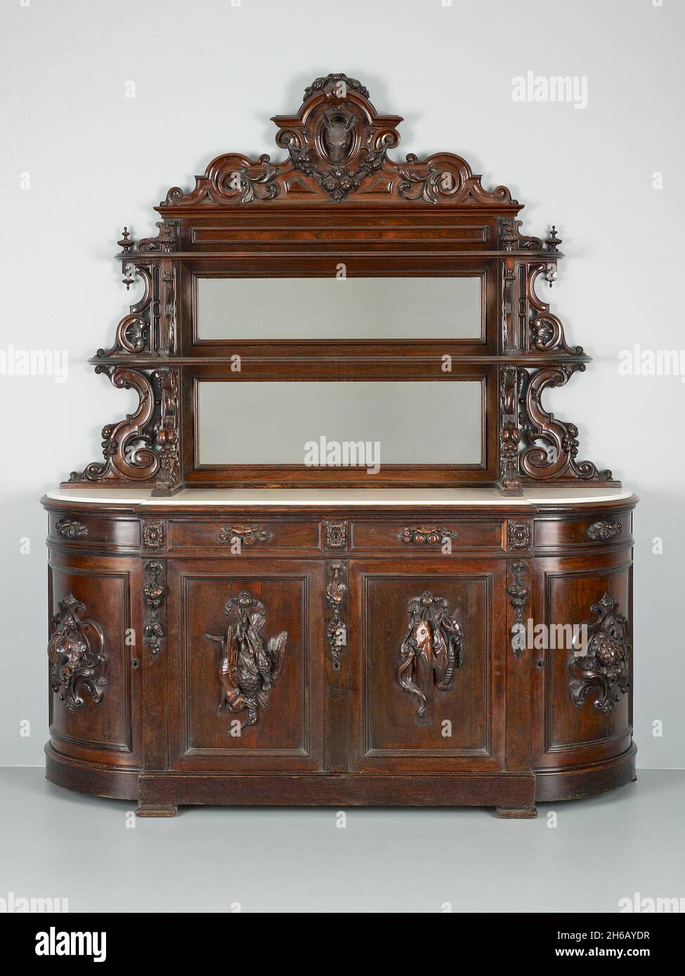 Sideboard, 1850/57. Relief carving of game: birds, rabbits, fish, fruit ...