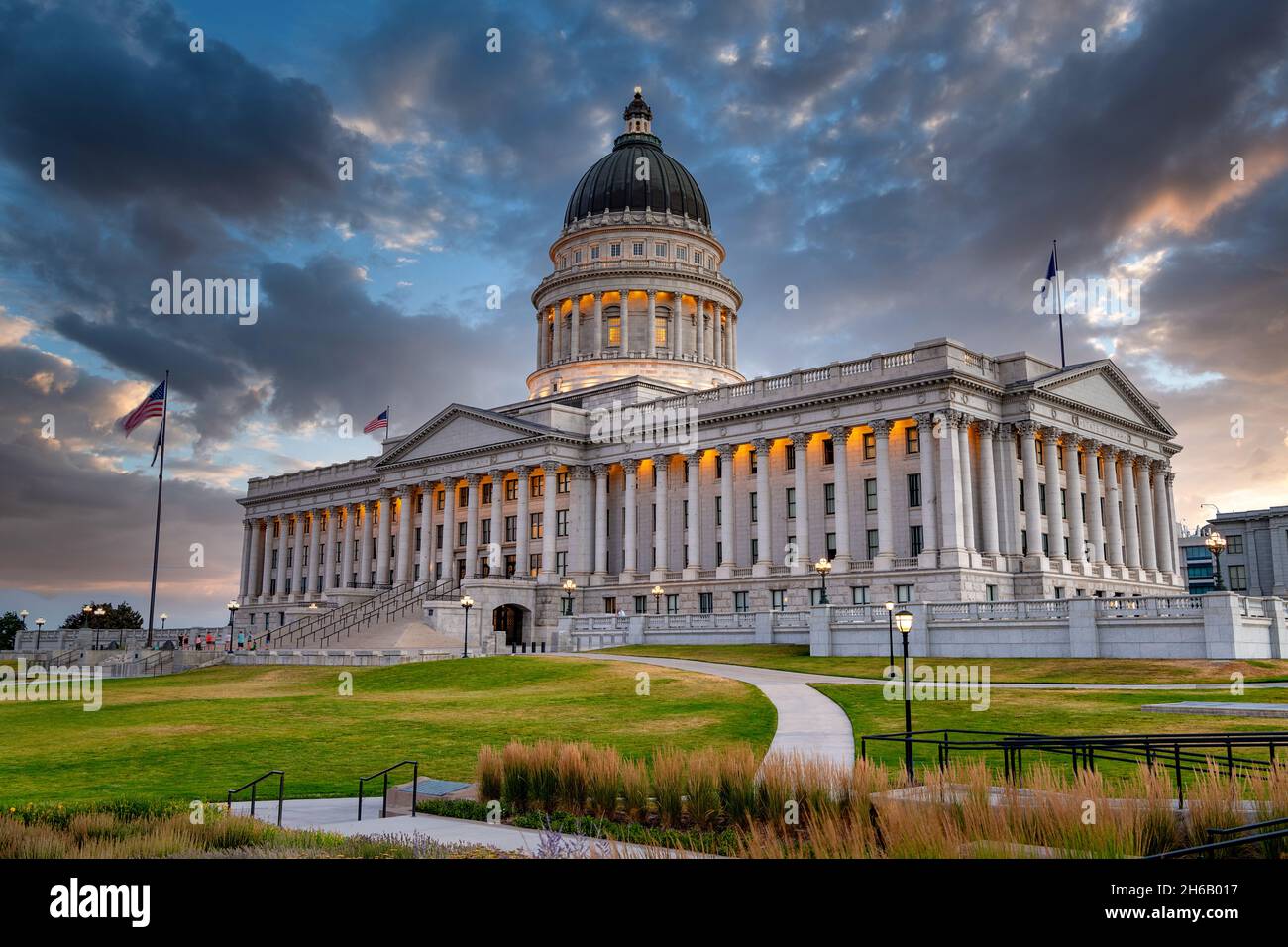 Warm morning colors in the sky above capital in Salt Lake City Utah ...