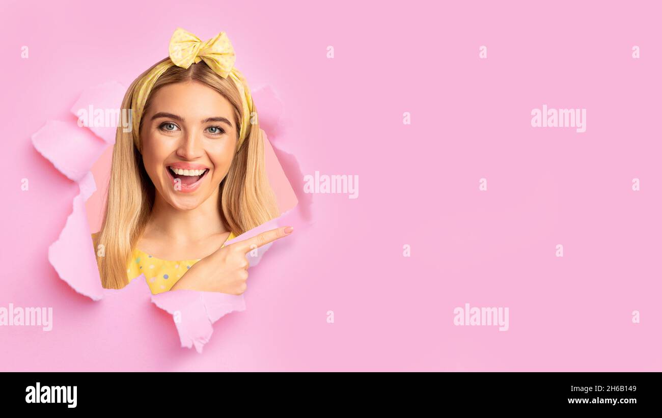 Smiling happy pretty millennial caucasian blonde lady with open mouth ...