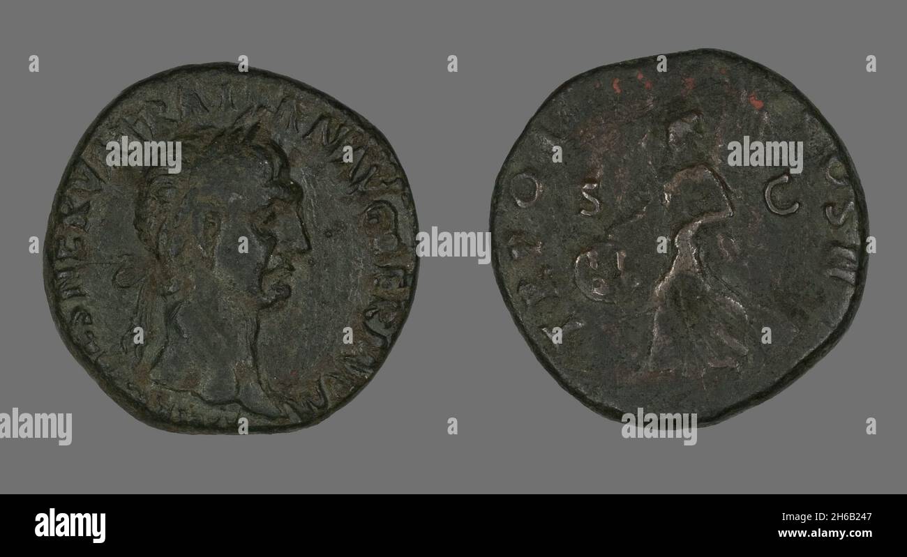 Sestertius (Coin) Portraying Emperor Trajan, Roman Period, 98-117 Stock ...