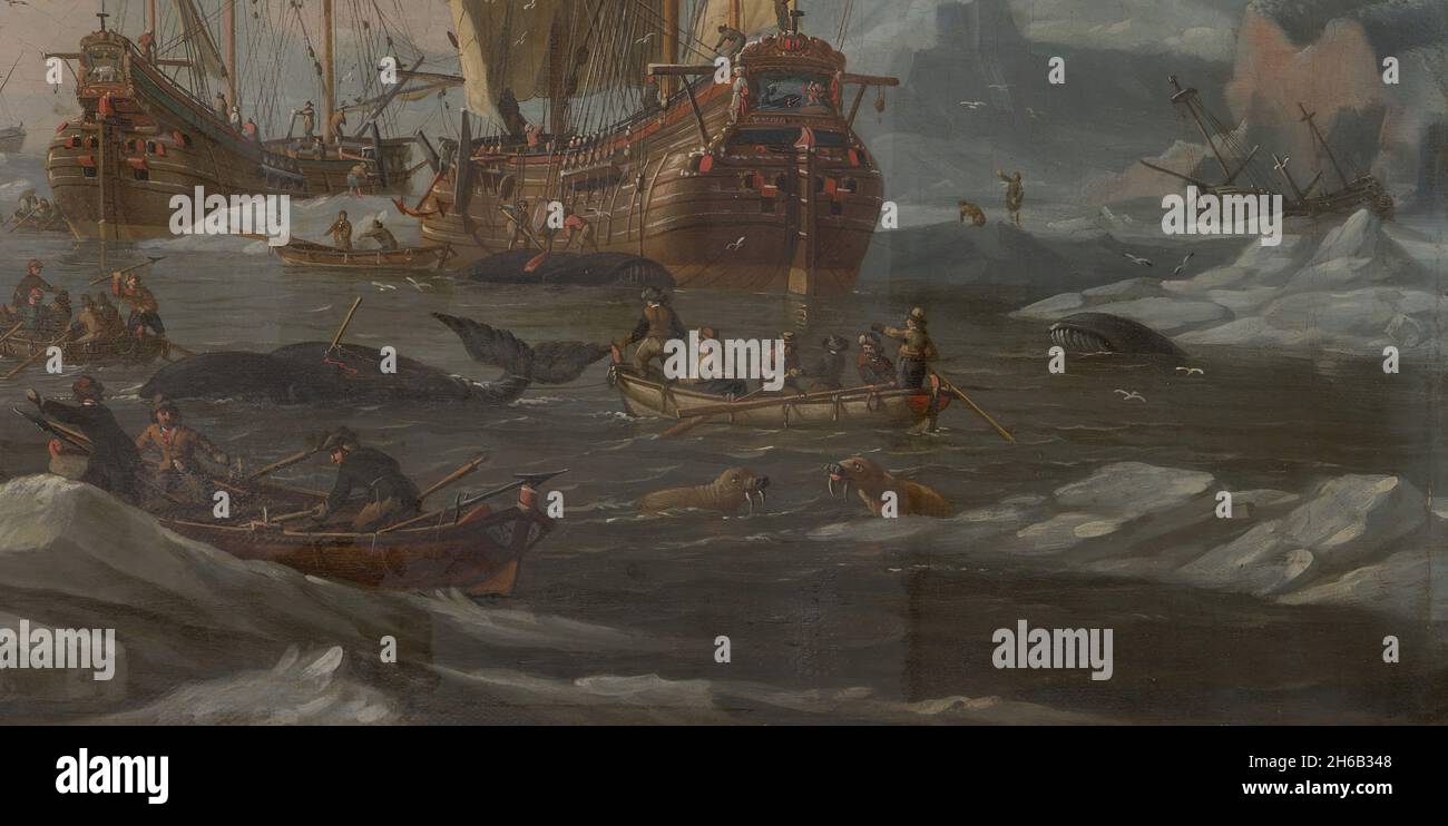 The Dutch Whaling Fleet, 1690/1700. Sailors harpooning whales and ...