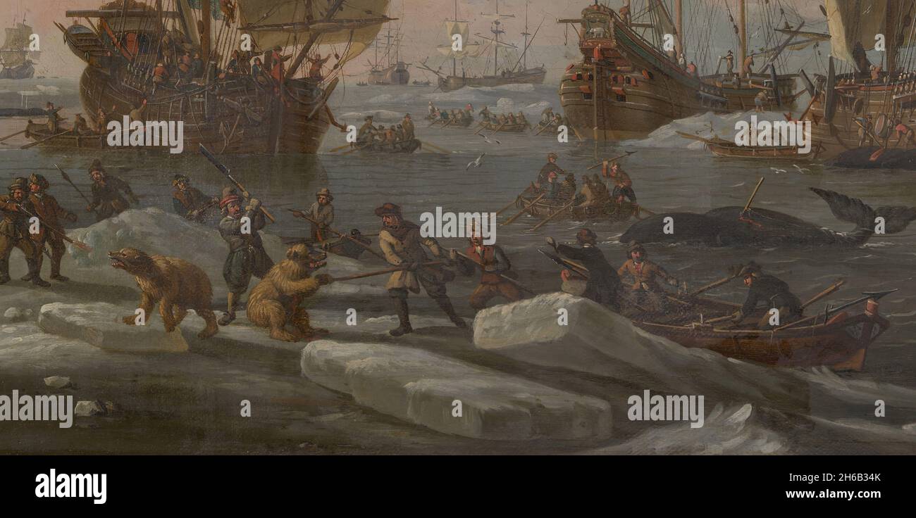 The Dutch Whaling Fleet, 1690/1700. Sailors harpooning whales and ...