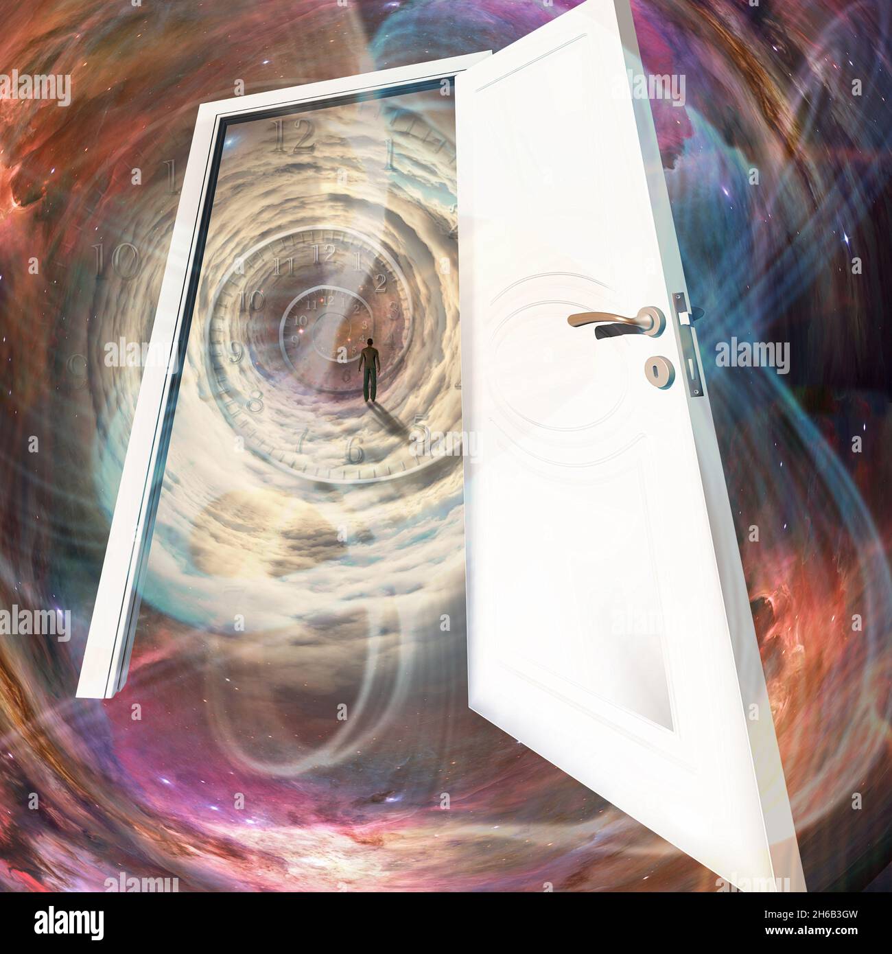Door in time. Lonely figure in the distance. Spirals of time. 3D ...