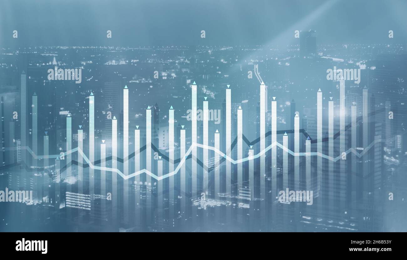 Histogram and lines economic chart on modern architecture background ...