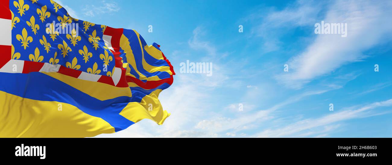 flag of department of Yonne, France at cloudy sky background on sunset ...