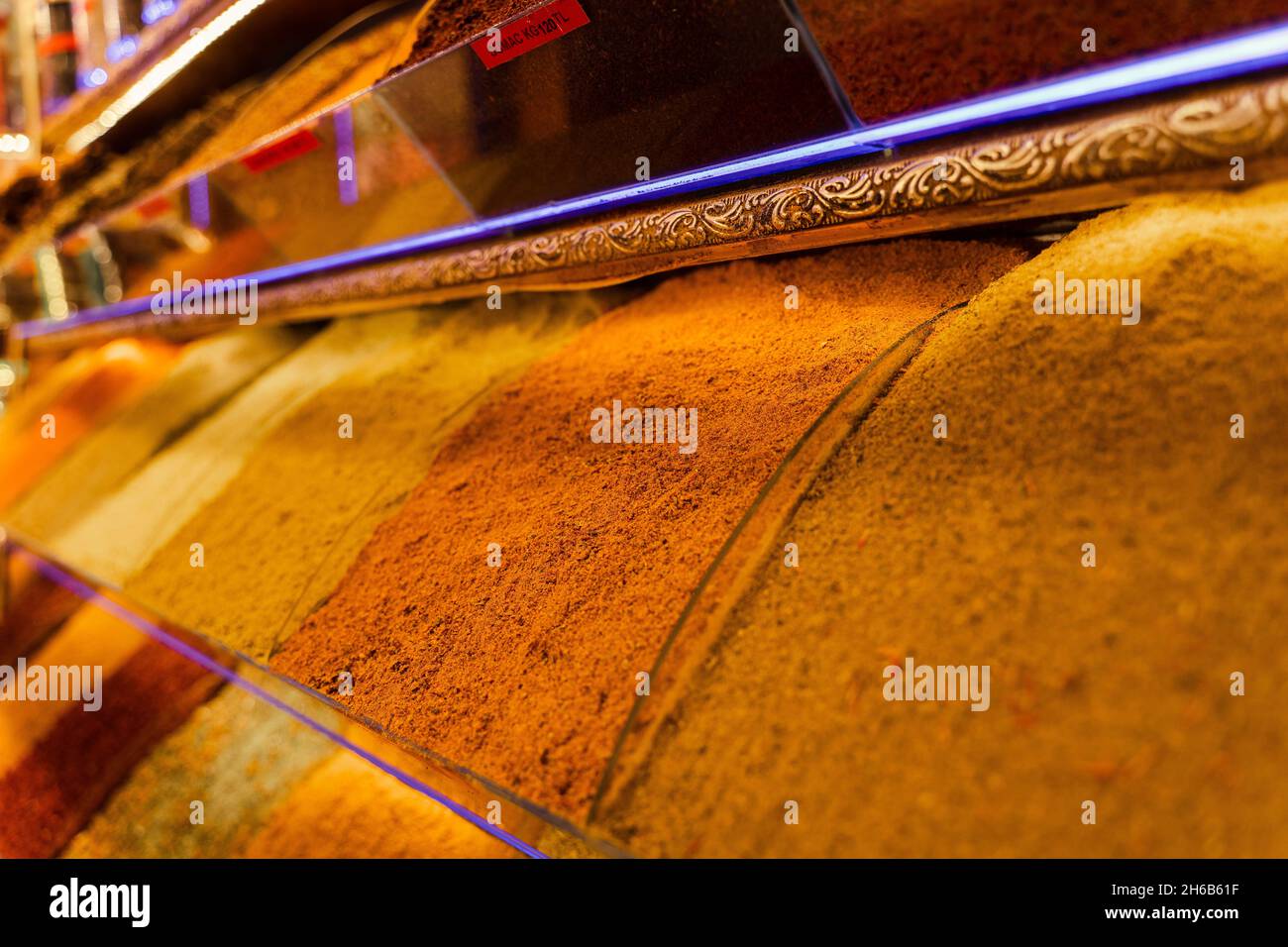 Assortment of spices in the Turkish market. Turmeric and pepper mix ...