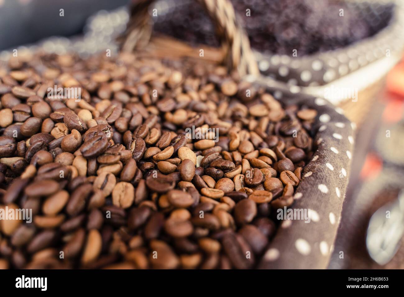 Roast coffee beans of robusta and arabica in wooden basket Turkish ...
