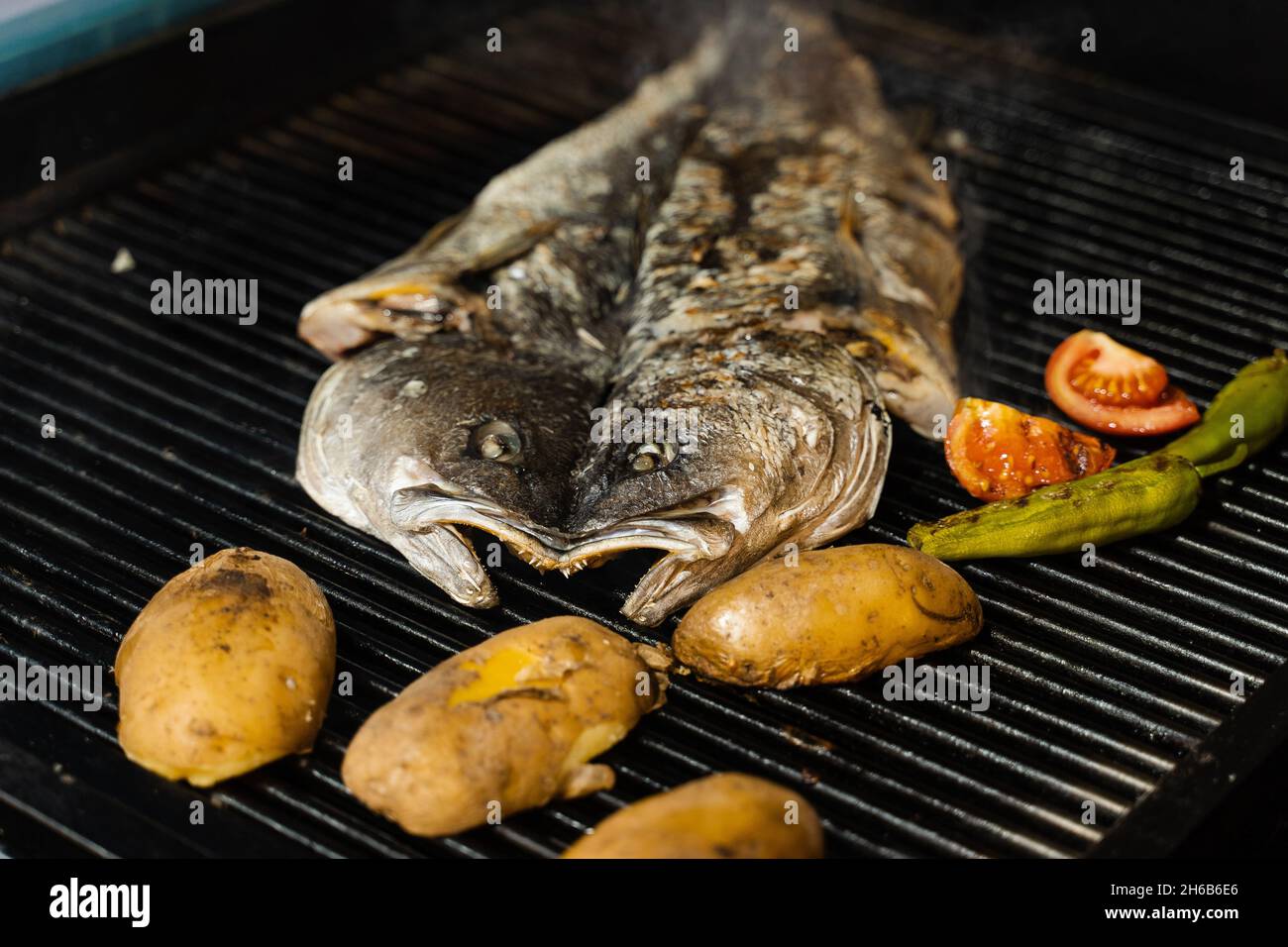 Cooking sea bass and vegetables. Grilling fish with chili potatoes and ...
