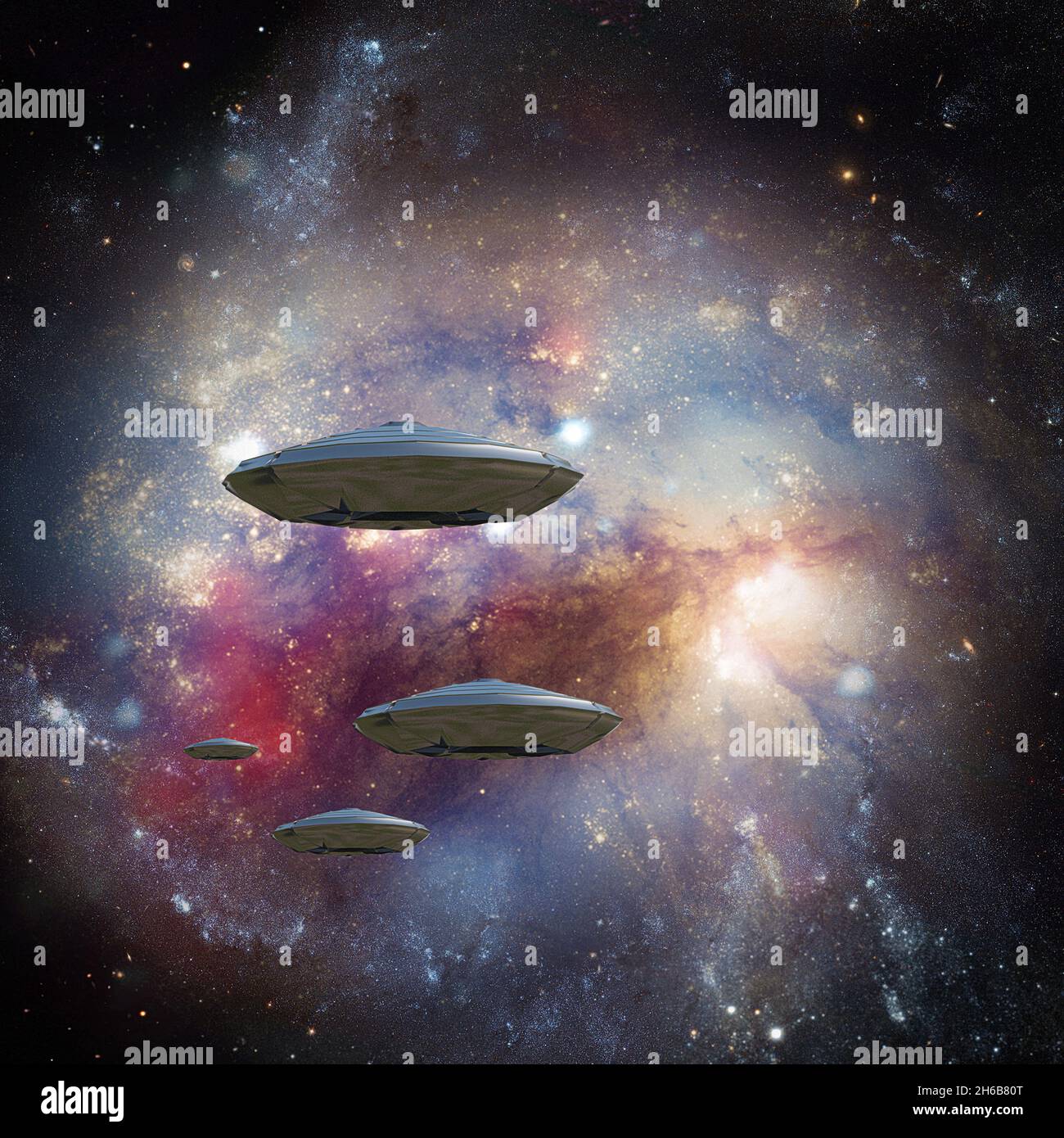 Alien fleet in vivid space. 3D rendering Stock Photo - Alamy