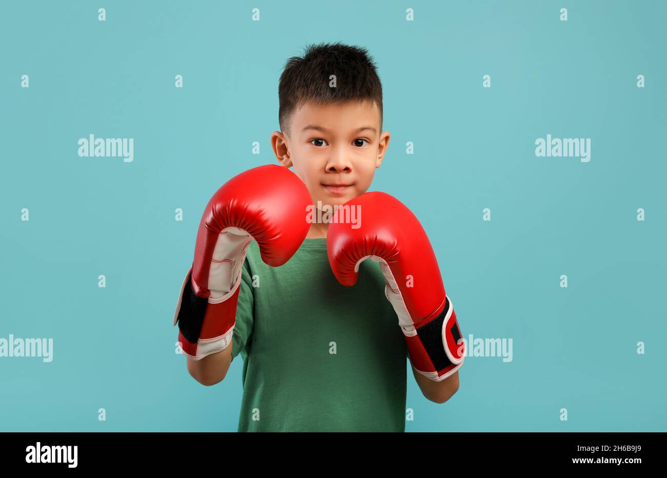 Portrait Of Little Asian Boy Wearing Boxing Gloves Posing Over Blue ...