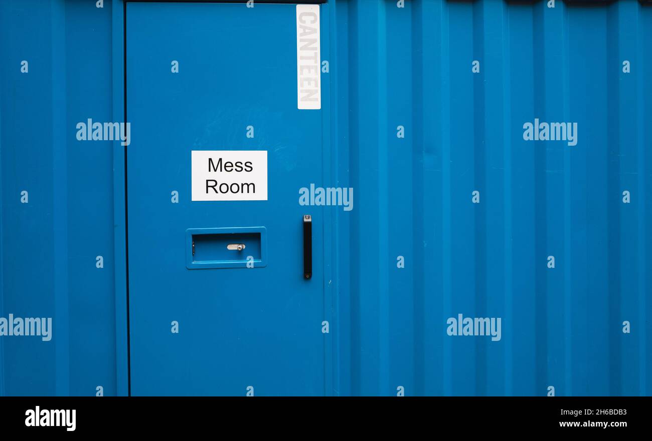 Large blue metal container used for a temporary mess room or canteen ...