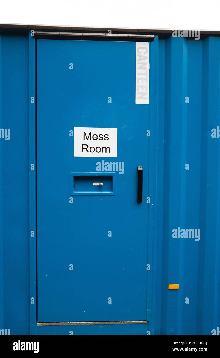 Large blue metal container used for a temporary mess room or canteen ...