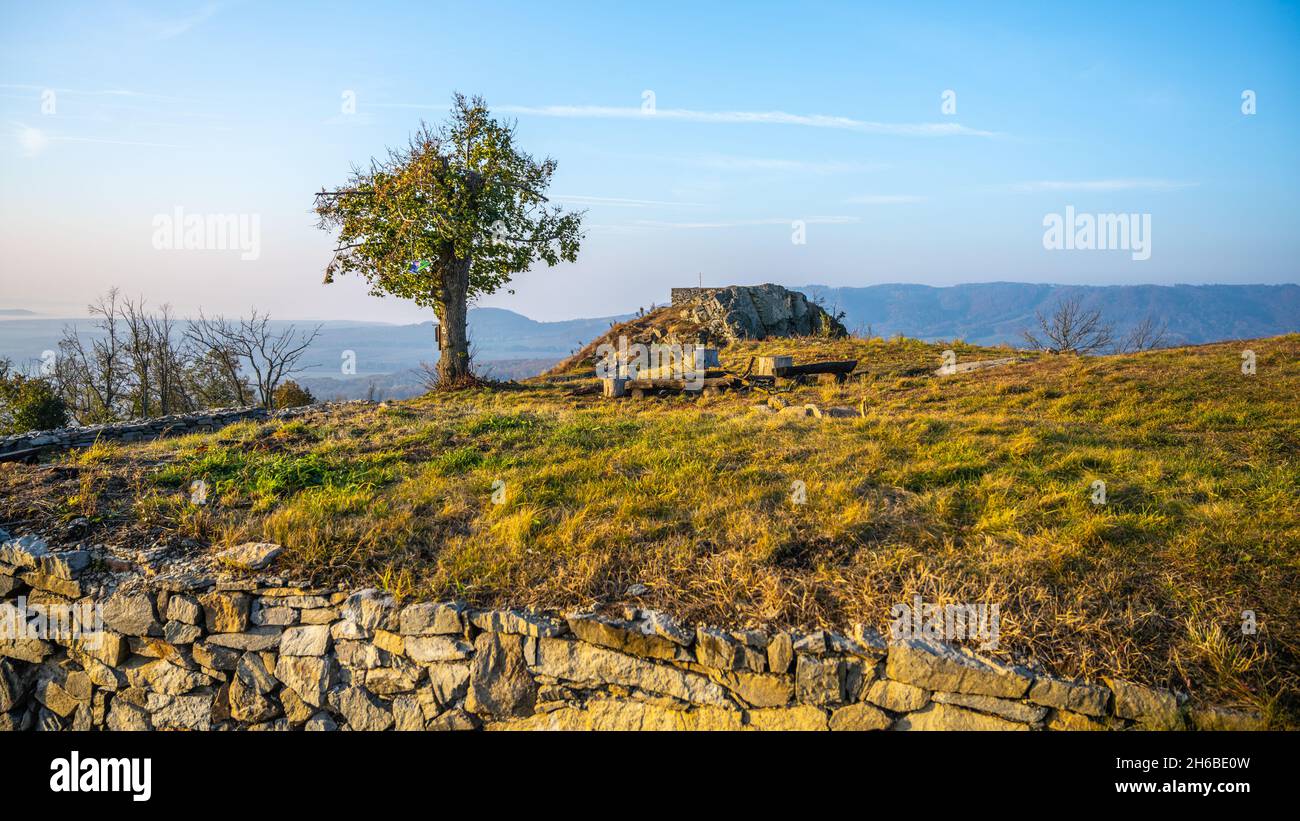 Kalich medieval castle ruins on the mountain summit Stock Photo - Alamy