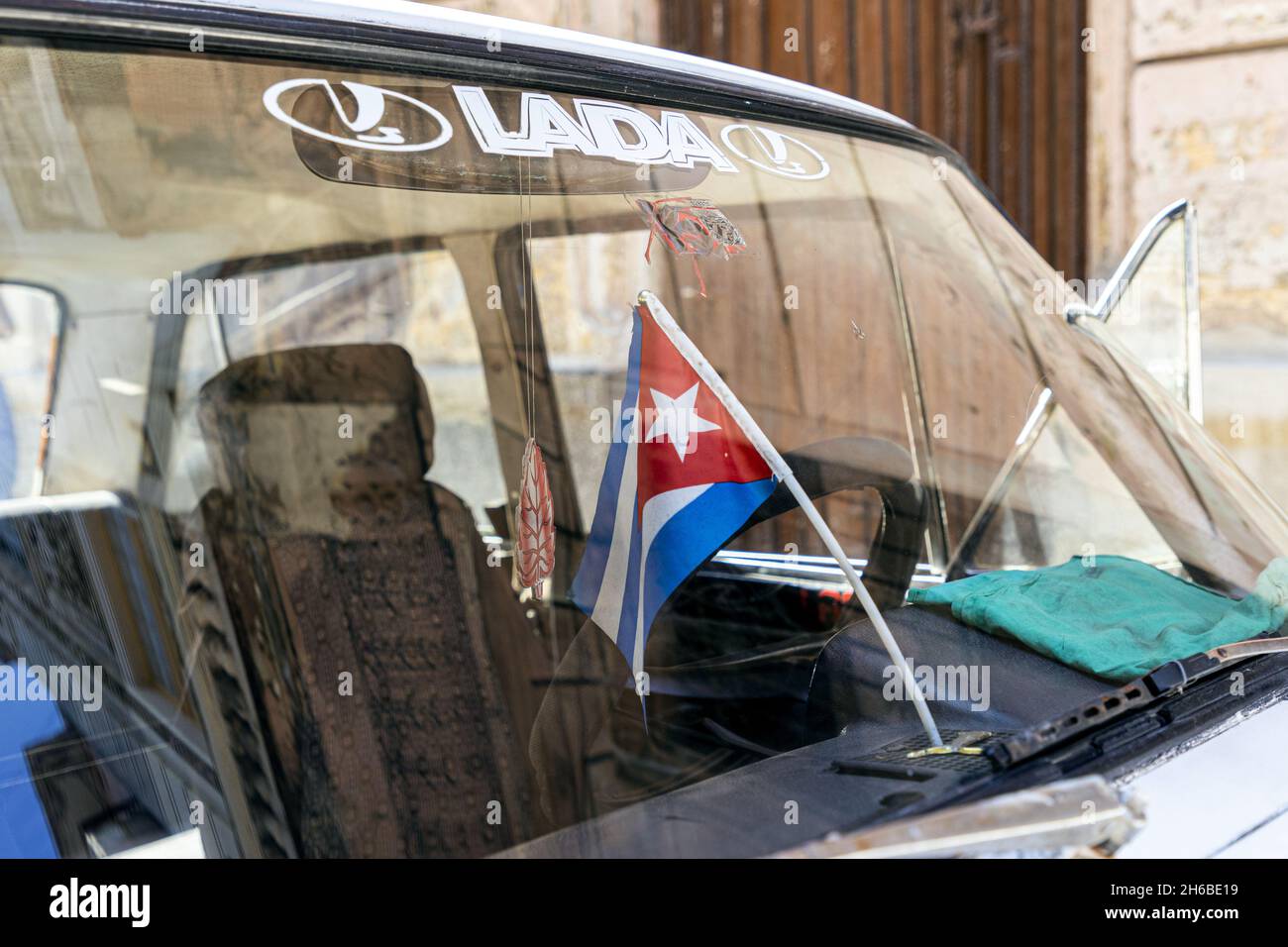 HABANA, CUBA - May 14, 2021: The windshield of a Lada car with the ...