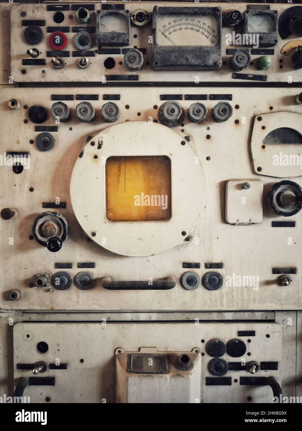 Vintage switch control panel with many buttons in factory manufacturing ...