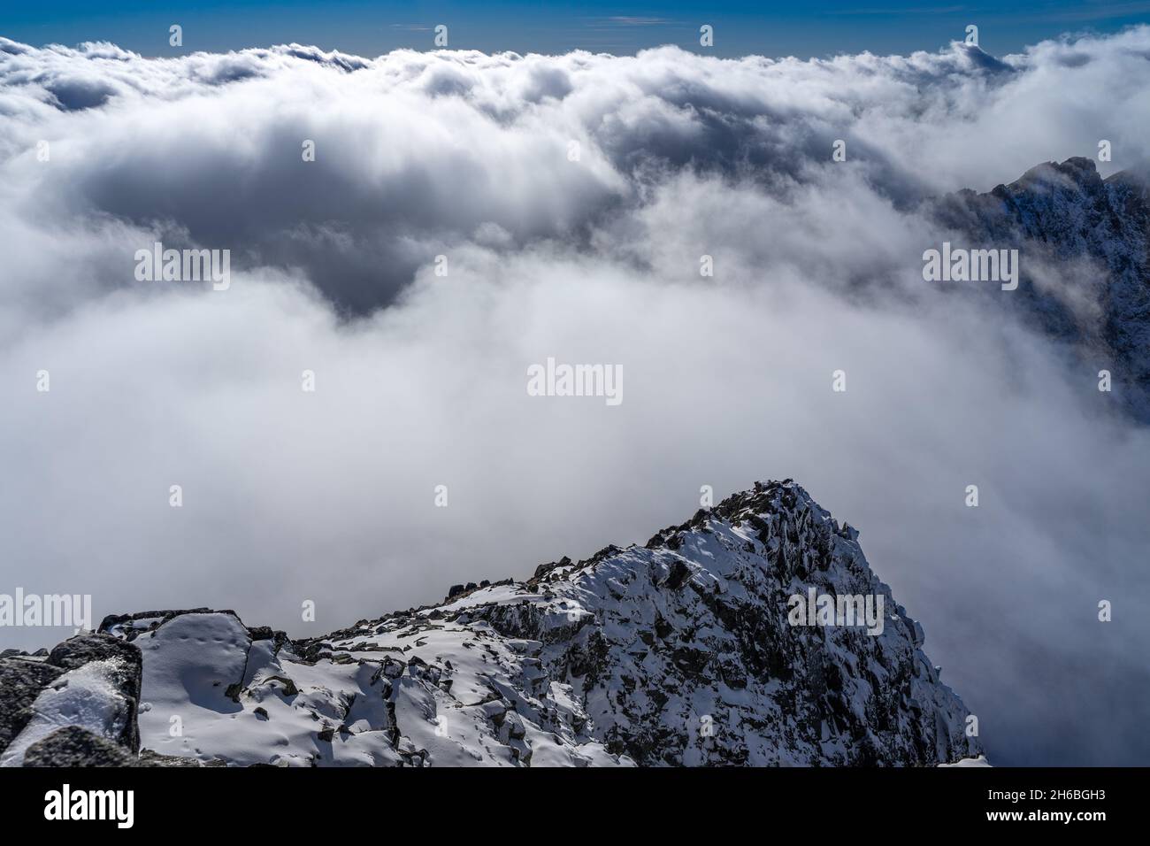 Rysy, High Tatras summit view, snowy rocks above clouds on the edge of ...