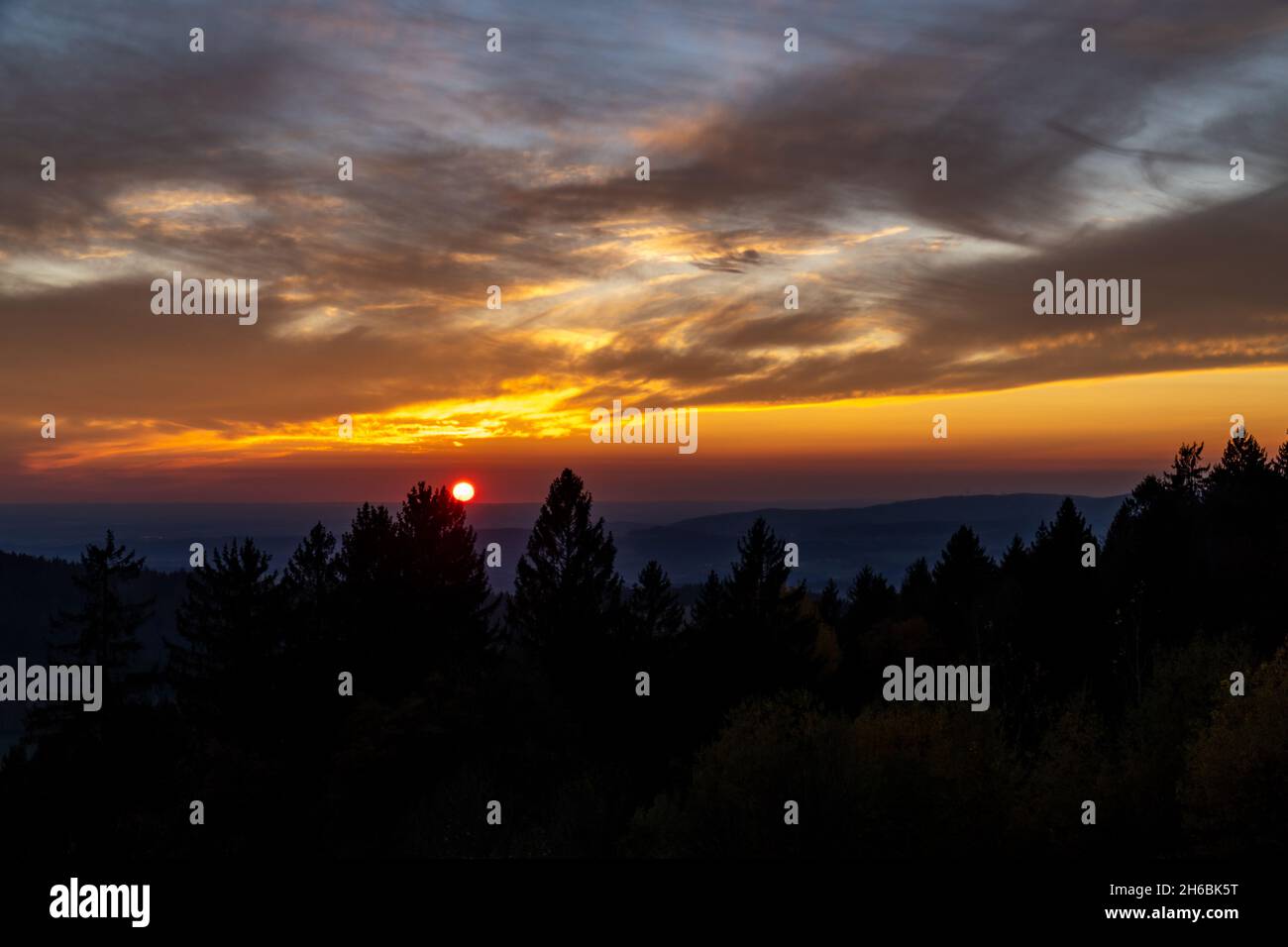 A silhouette shot of round golden sunset over trees in the mountain ...