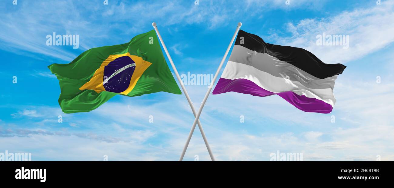 crossed national flags of Brazil and asexuality Pride flag waving in ...