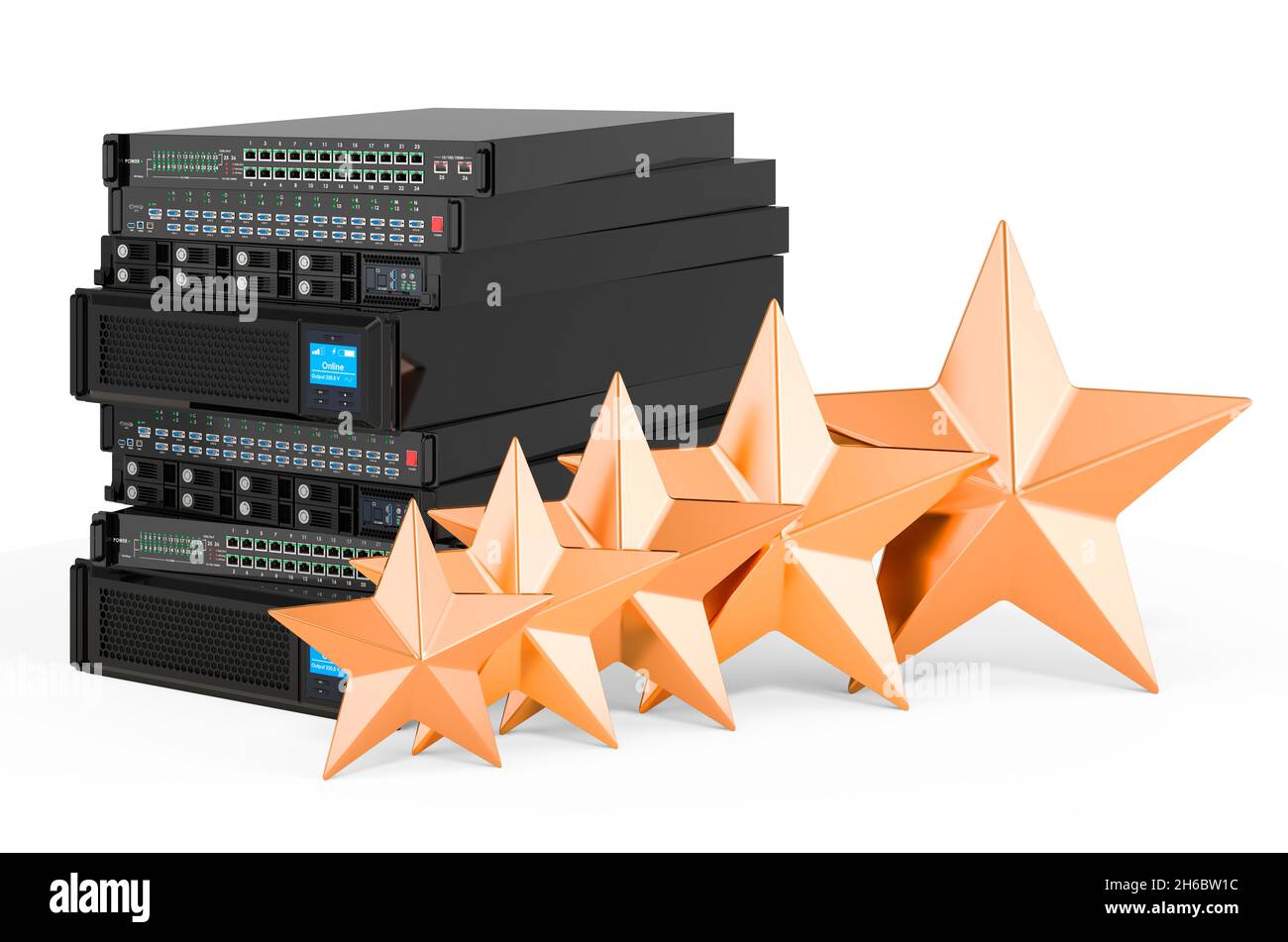 Server computer equipment with five golden stars. Customer rating of ...