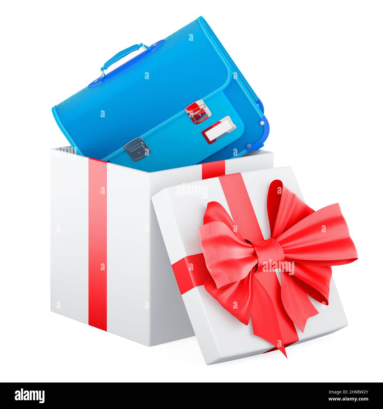 School bag inside gift box, present concept. 3D rendering isolated on ...