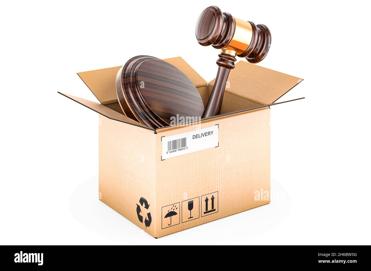 Wooden gavel inside cardboard box, 3D rendering isolated on white ...
