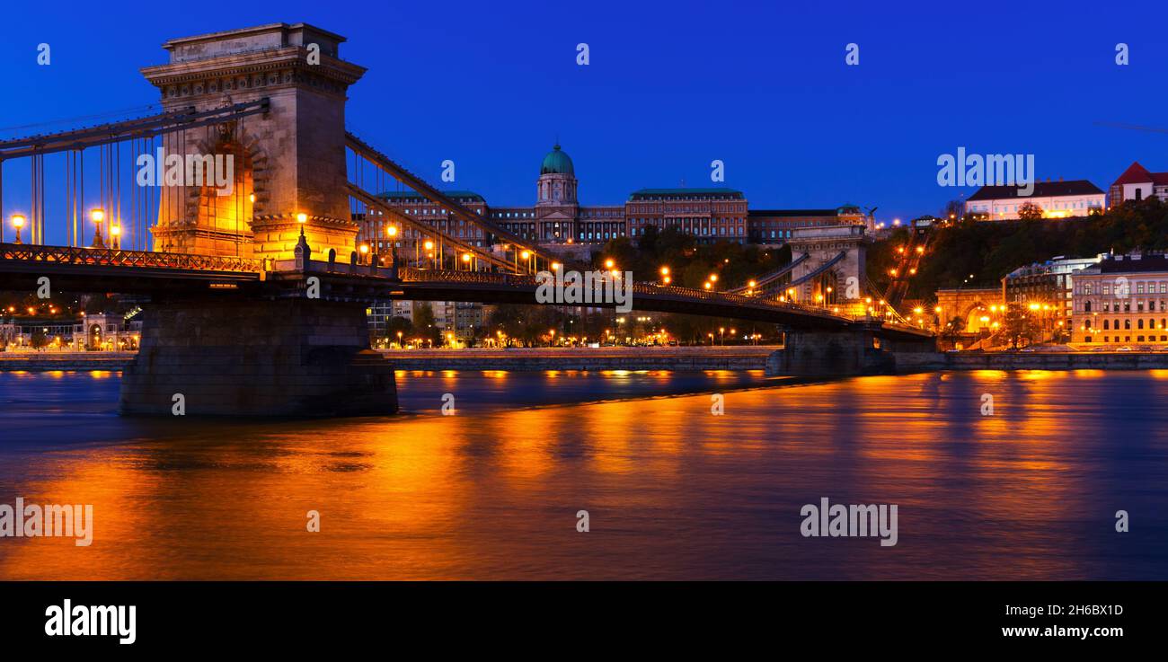 Night light of Chain Bridge near Buda Fortress is hungarian landmark ...