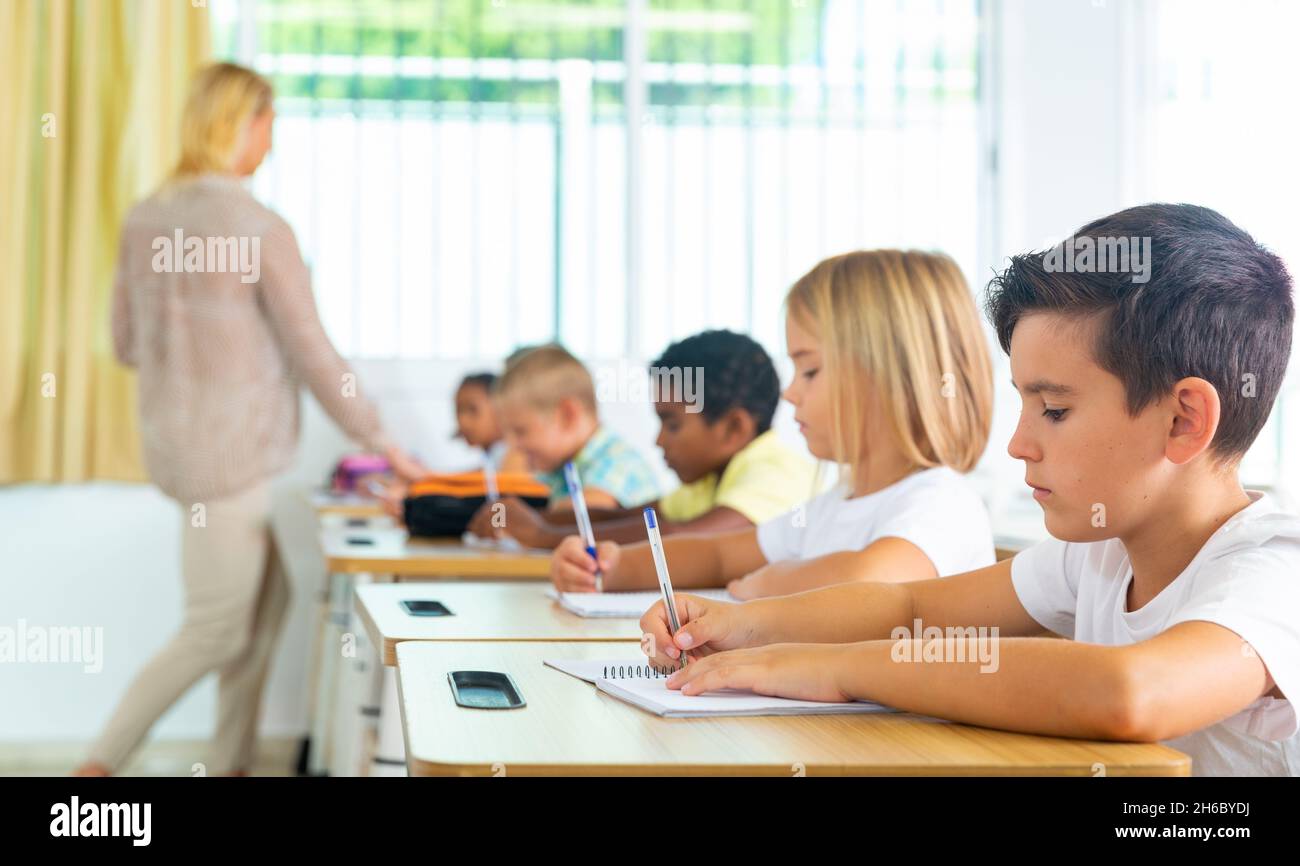 Side view of schoolkids group working on lecture in classroom Stock ...