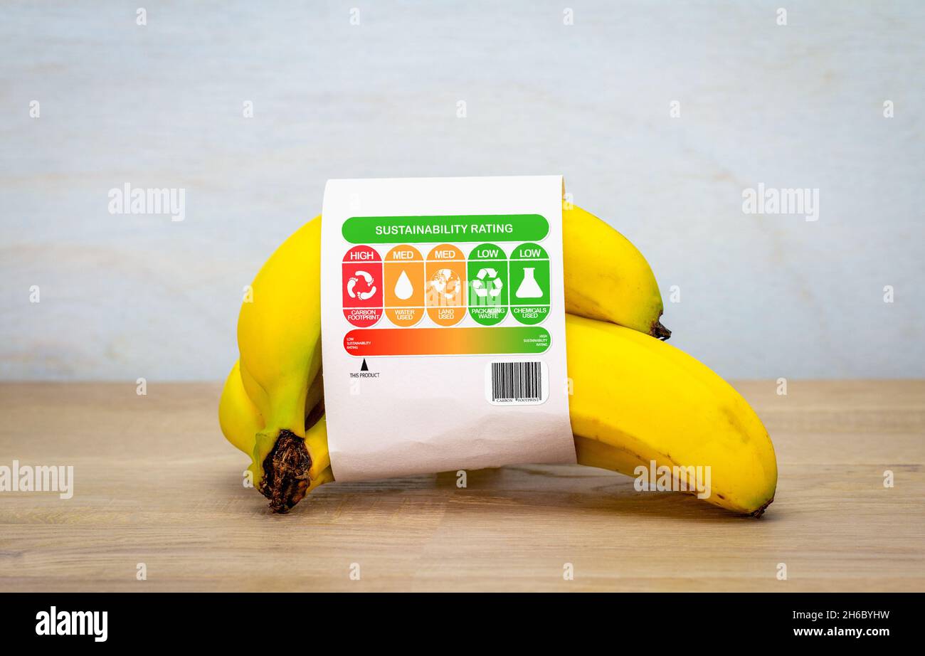 consumer food sustainability label on bananas with product rating for ...