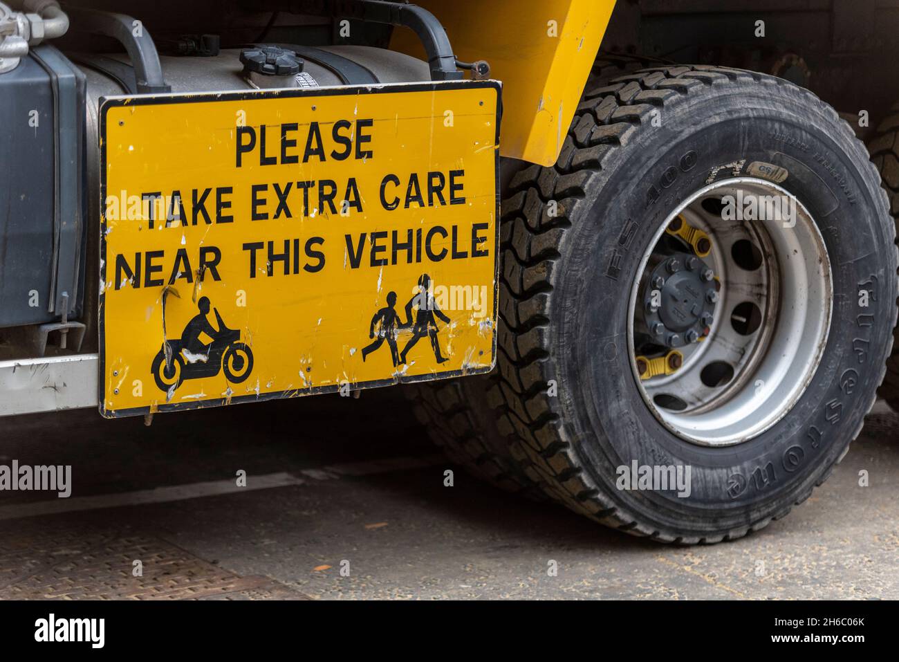 Warning on side of lorry highlighting the danger to motorcyclists and ...