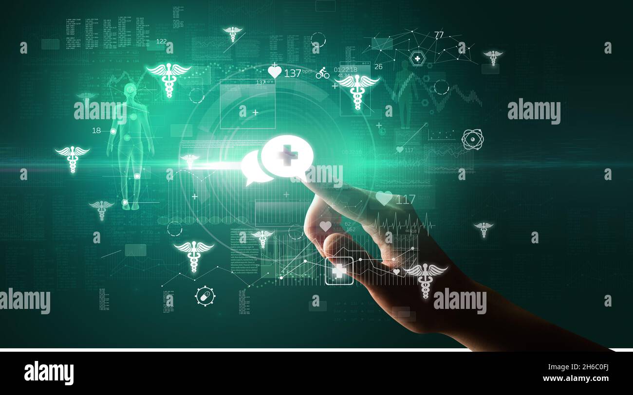 Doctor hand pressing futuristic health device with medical symbol on ...