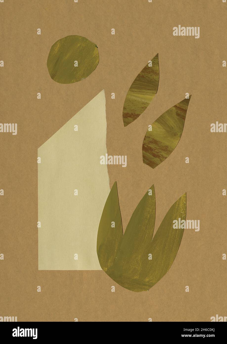 A Painted paper cut-outs collage artwork, desert plant on a brown ...