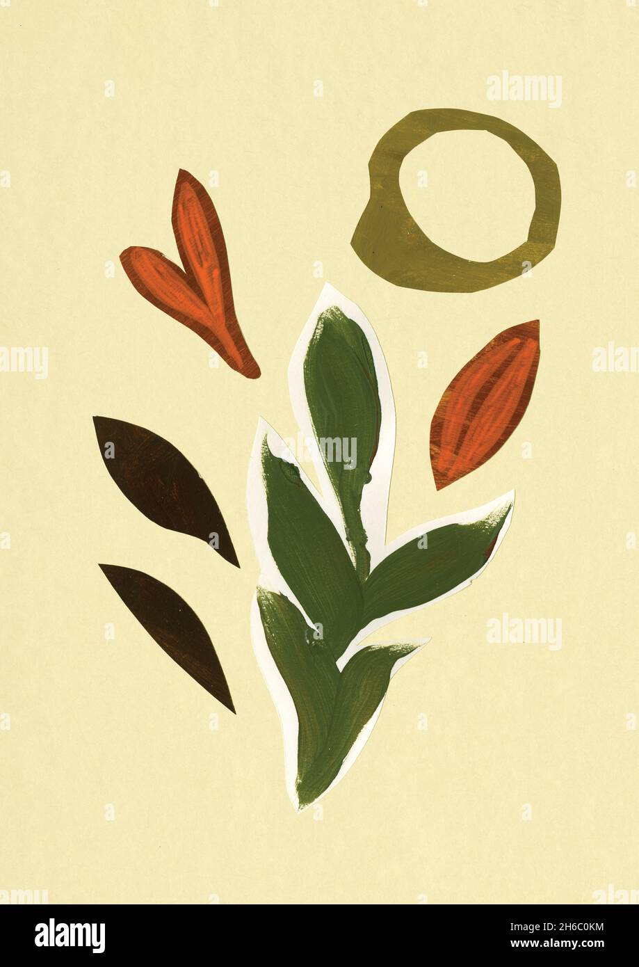 A Painted paper cut-outs collage artwork, the desert, ethnic and leaves ...