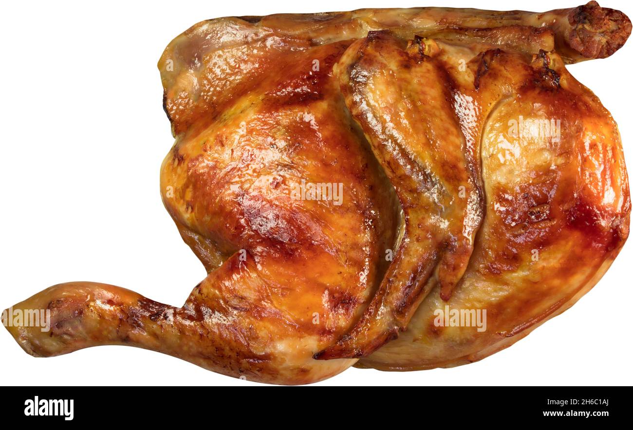 Juicy cooked half roast chicken on a white background Stock Photo - Alamy