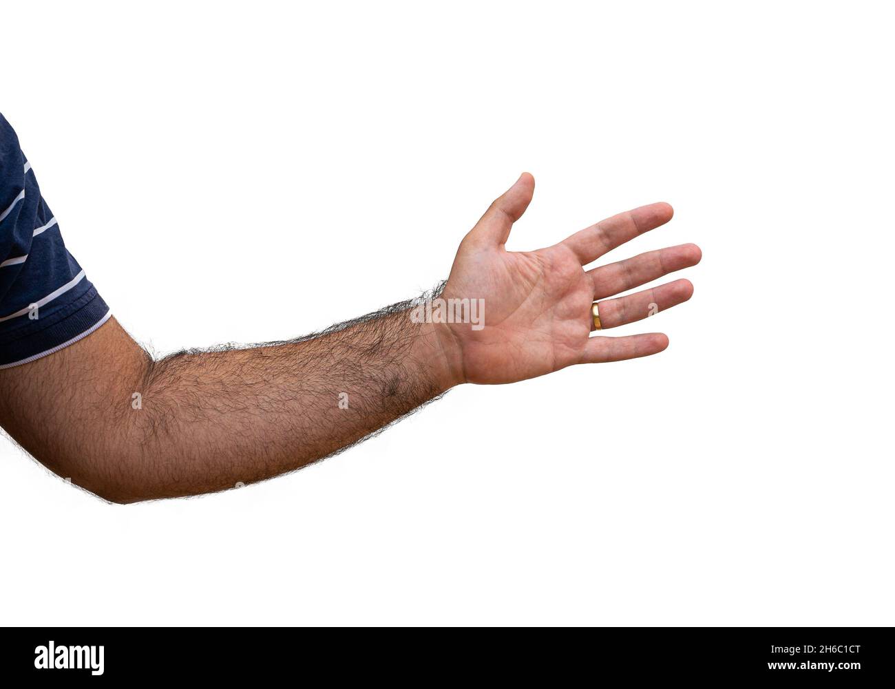 Male arm outstretched with open palm wearing wedding band isolated on ...