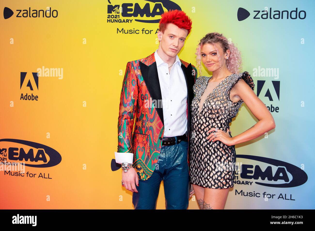 Jack Saunders and Becca Dudley attending the MTV EMAs 2021 at the ...