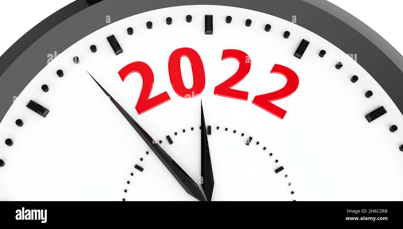 Black clock with number 2022 represents coming new year 2022, three-dimensional rendering, 3D ...