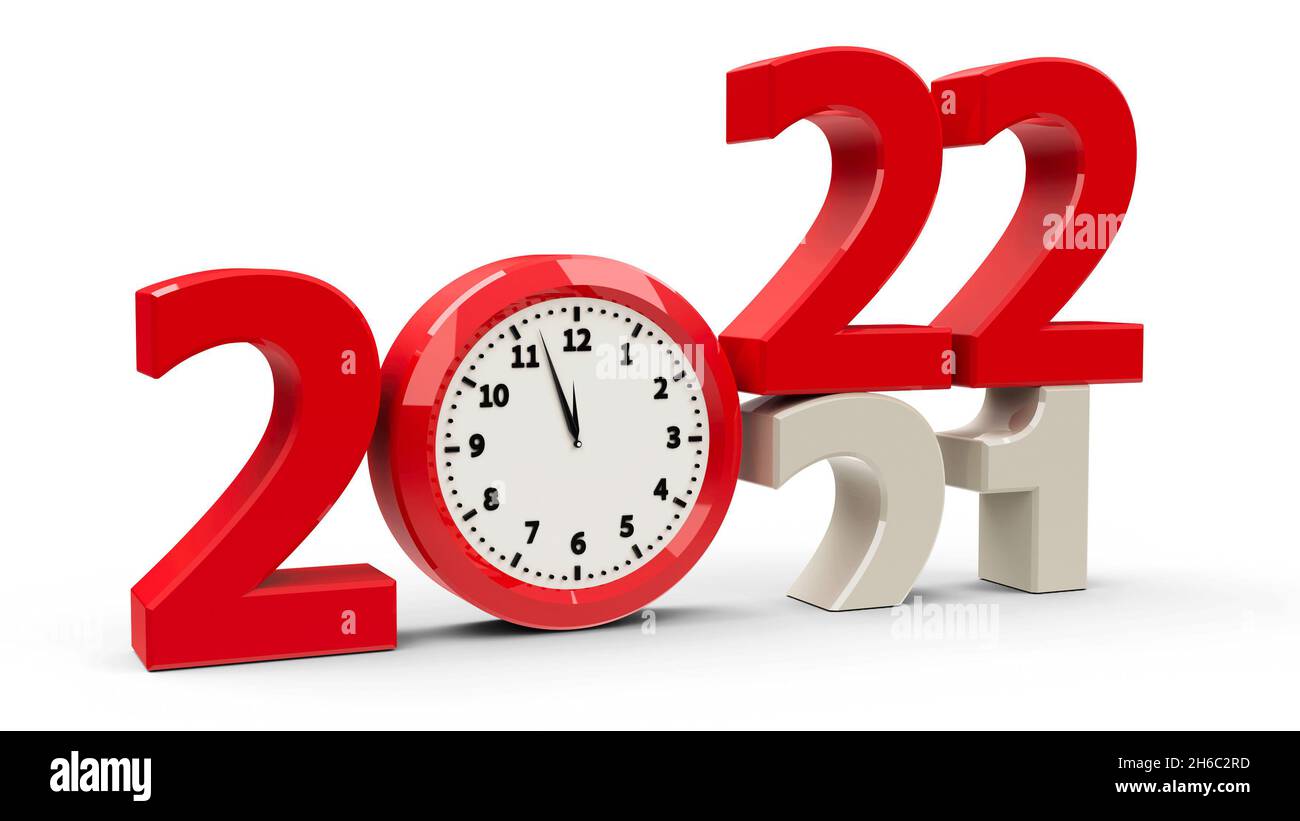 2021-2022 change with clock dial represents coming new year 2022, three ...