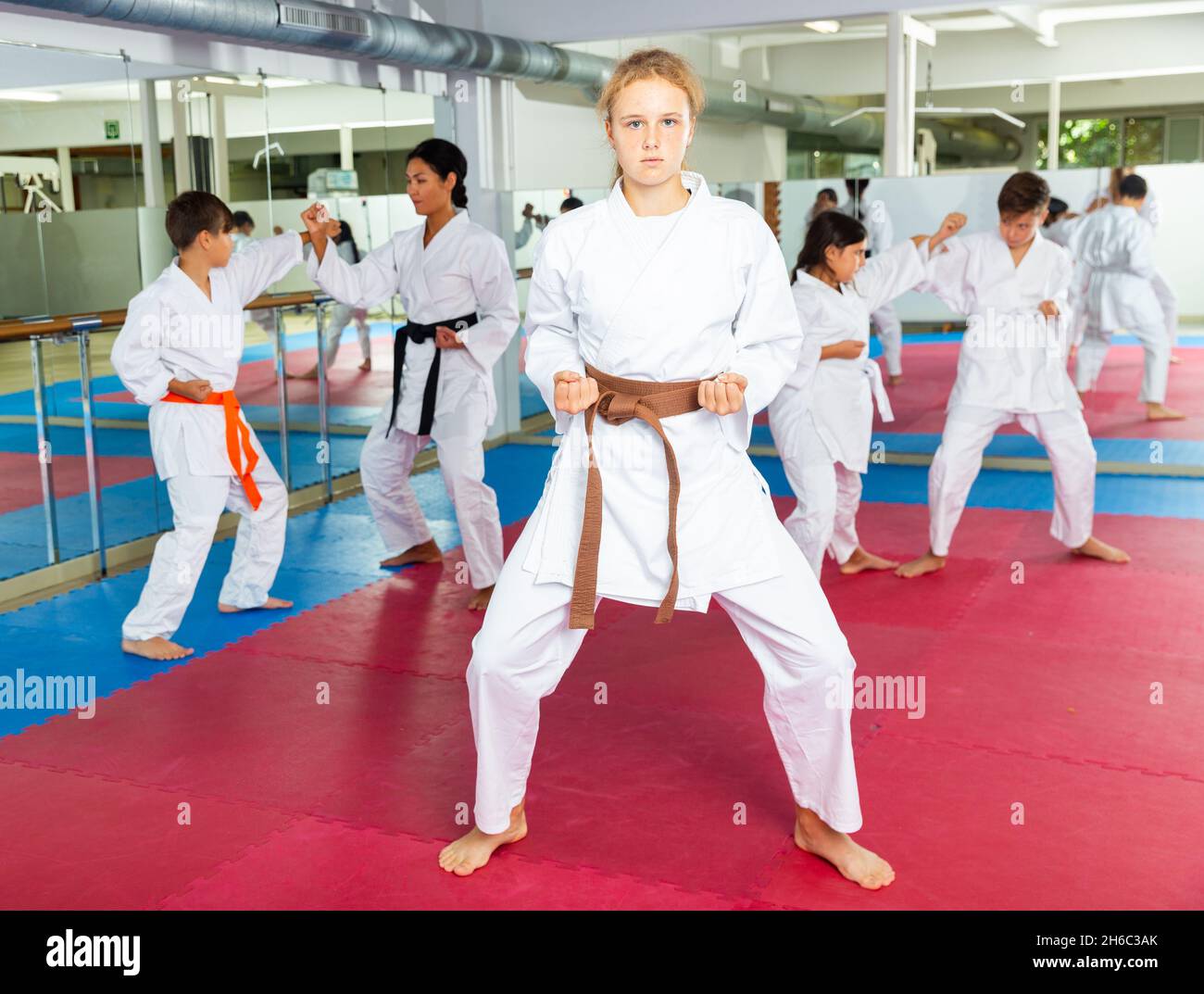 Girl standing in fighting stance during karate training Stock Photo - Alamy