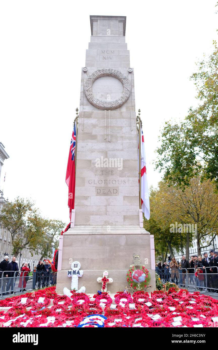 London, UK. The Cenotaph decorated with flags on Remembrance Sunday ...