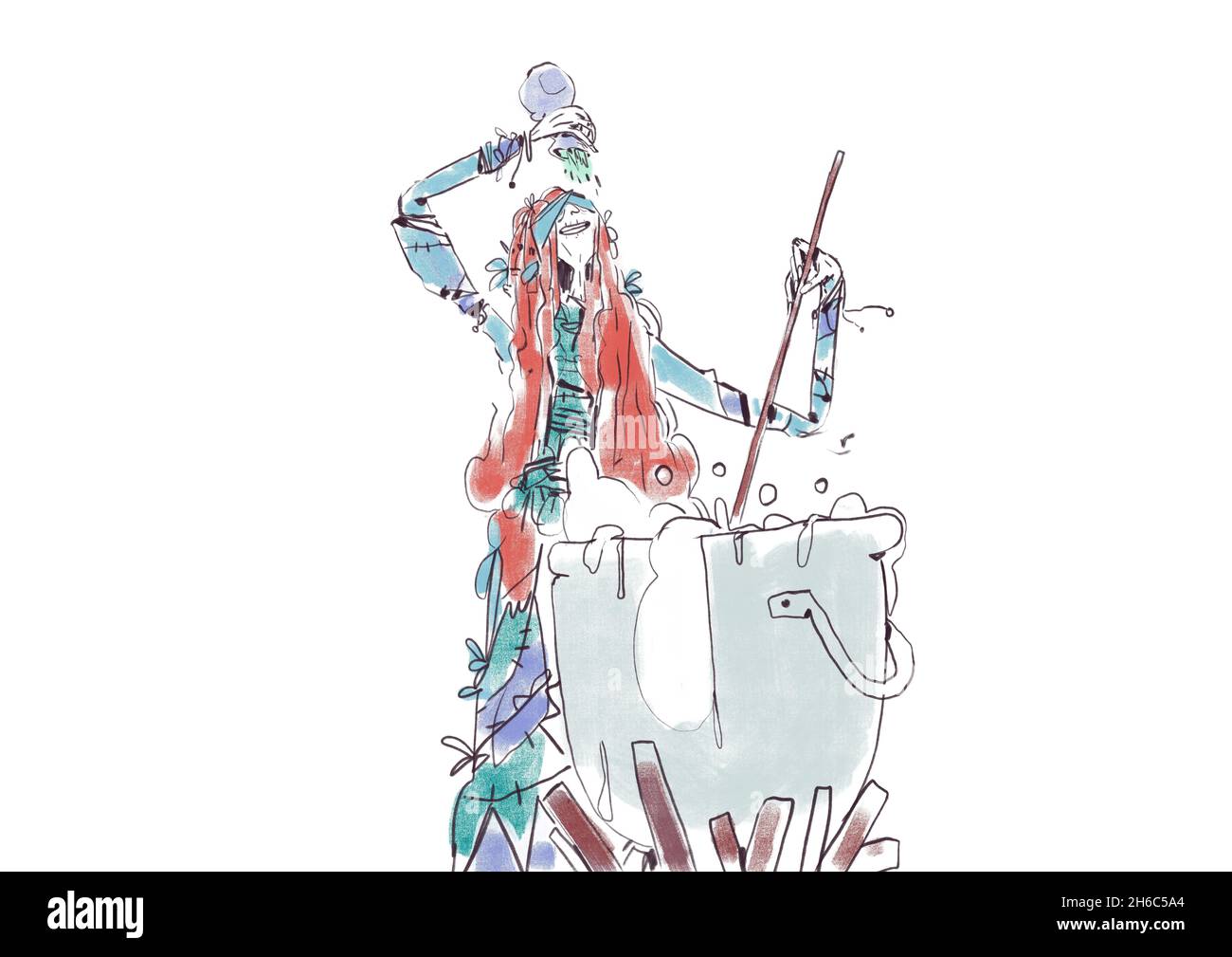 Sarcastic old redhead druid makes a potion in magic cauldron. druid in ...