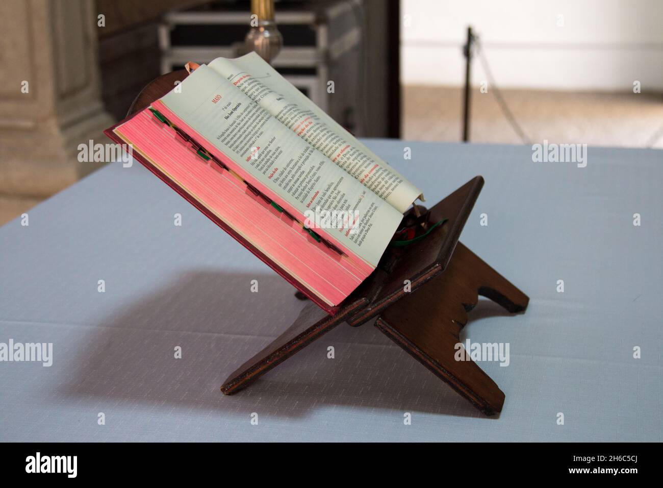 Bible open on the church altar Stock Photo - Alamy