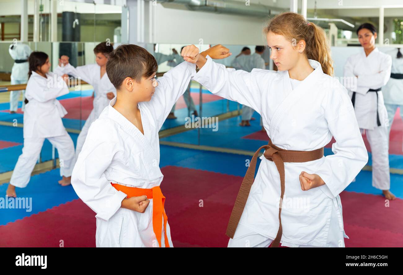 Group of children doing karate kicks during karate class Stock Photo ...