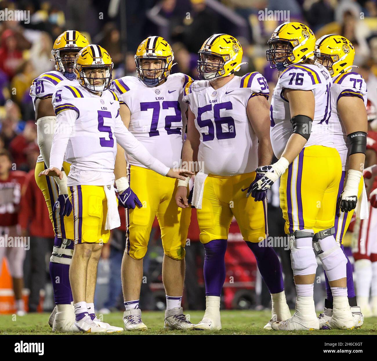 Baton Rouge, LA. November 13, 2021: The LSU offense huddles and looks ...